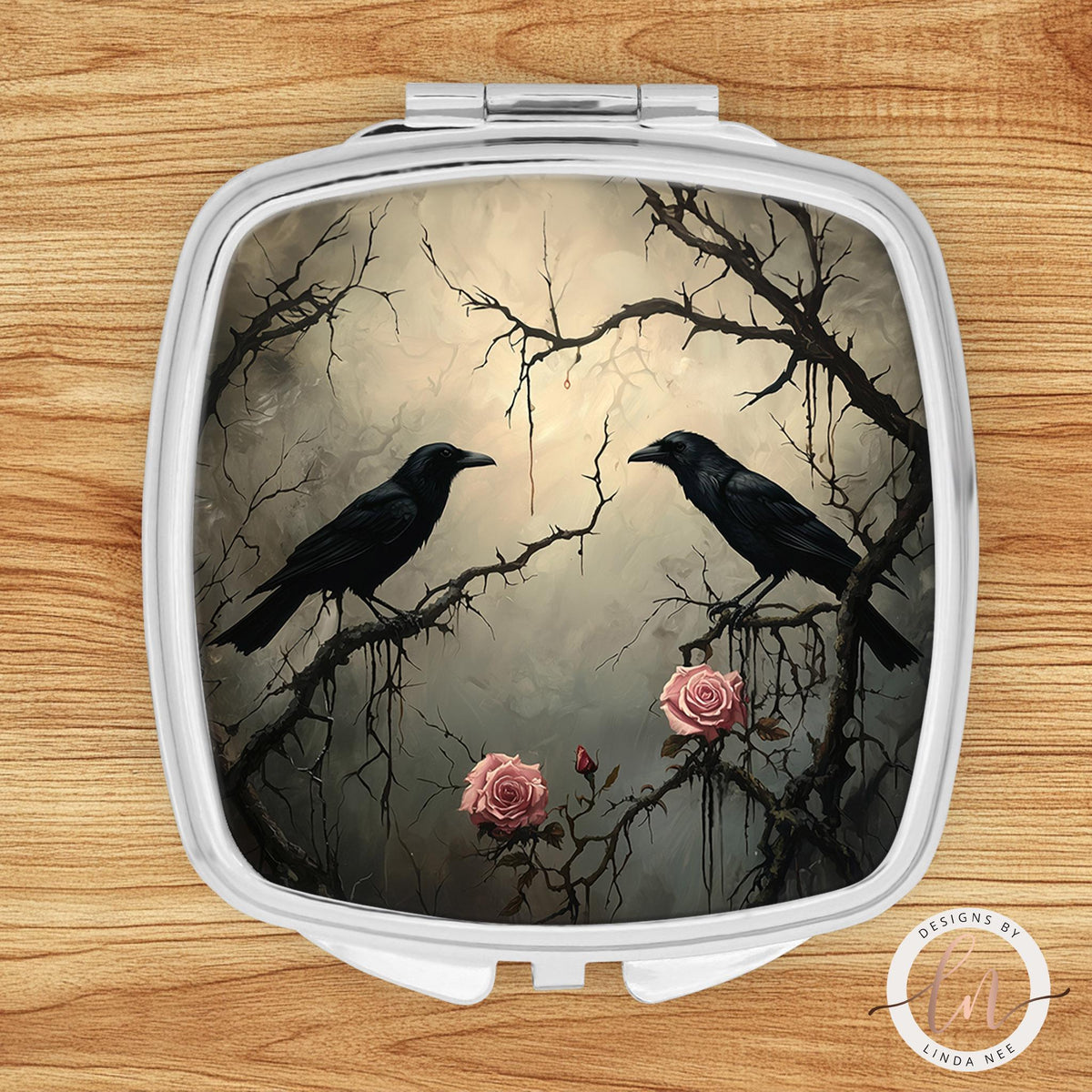 Raven Couple Compact Mirror | Gothic Raven Roses Art