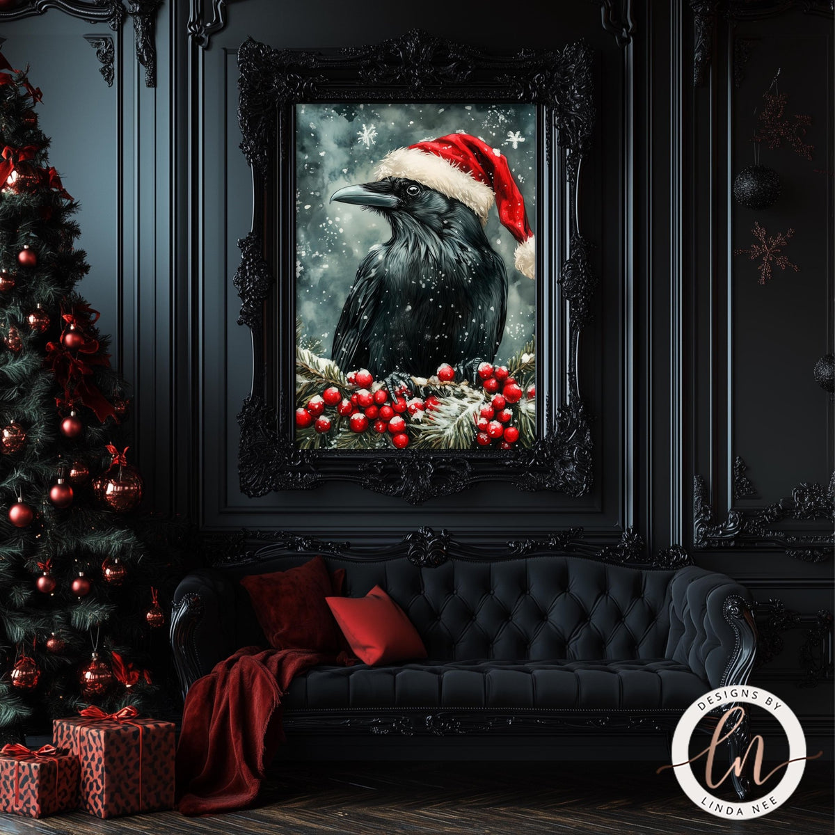 Santa Raven Gothic Christmas Art Print | Winter Decor