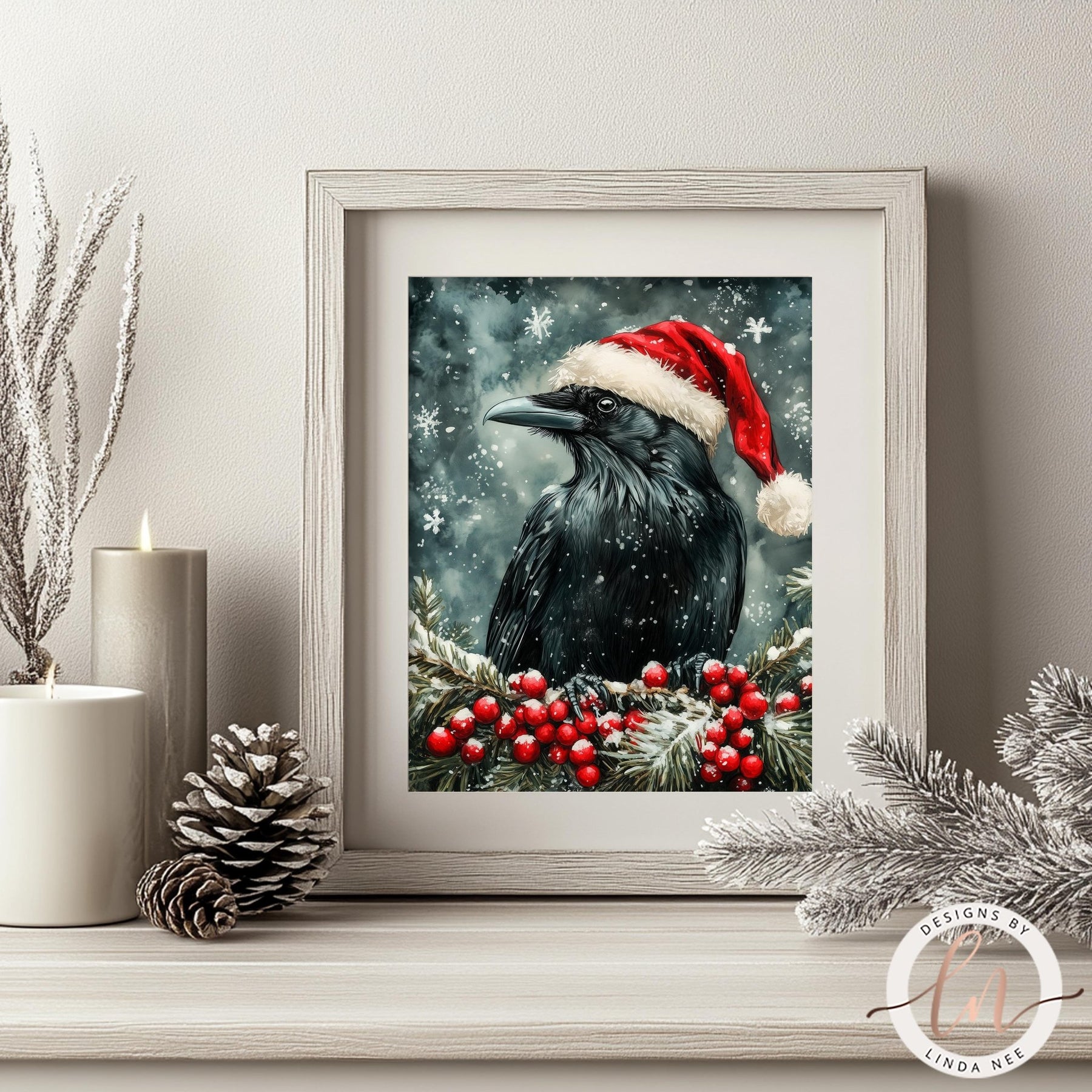 Santa Raven Gothic Christmas Art Print | Winter Decor